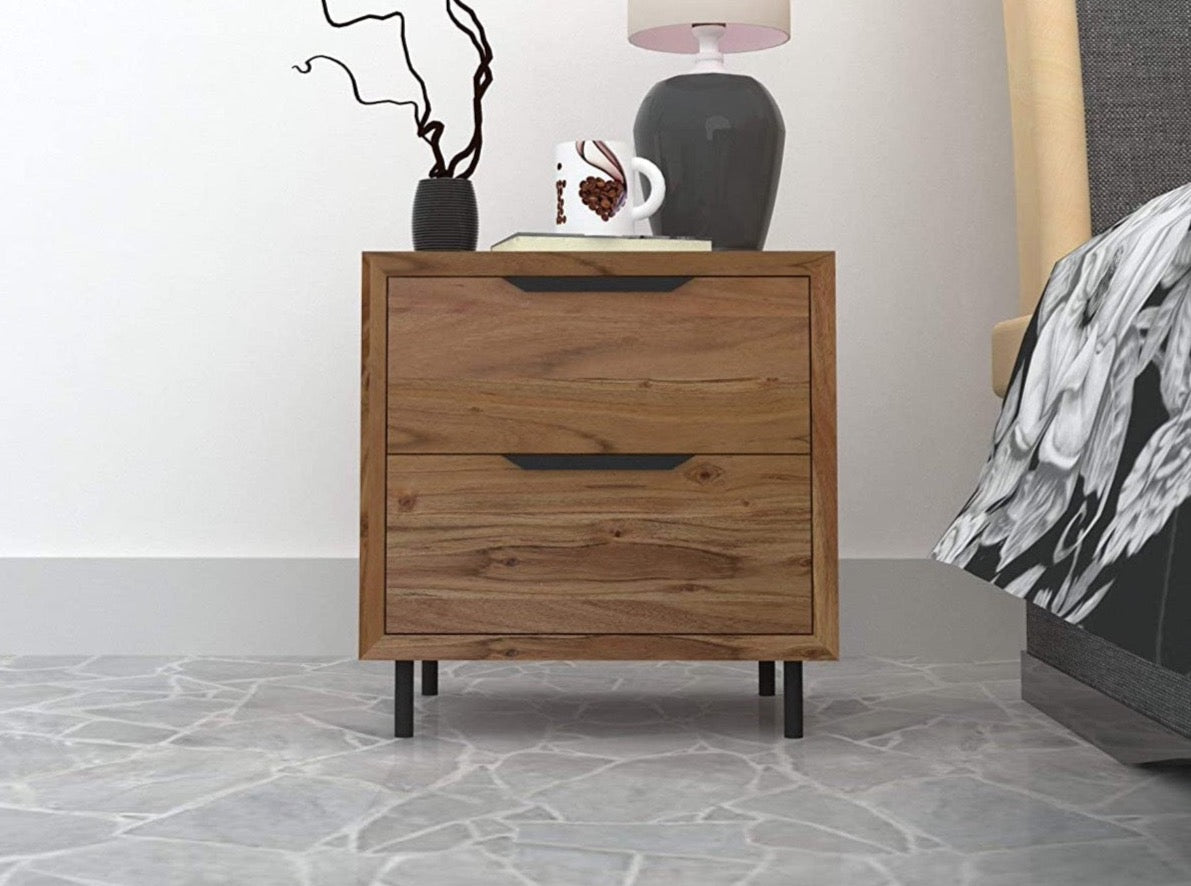 Bedside table with two drawers made of solid acacia wood and carbon st ...